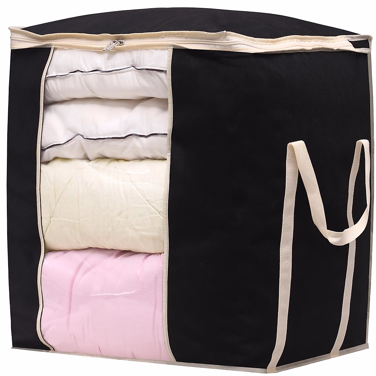MISSLO King Comforters Storage Bag 120L for Blankets Clothes Sweaters Beddings Organizer with Reinfored Handles Non-Metal Fabric Storage Bin Organizer, Black