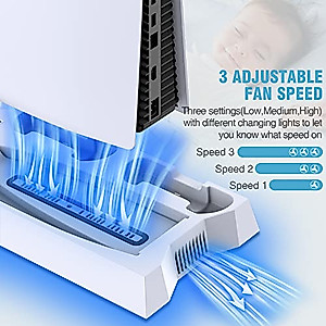 PS5 Stand and Cooling Station with Dual Controller Charging Station for Playstation 5 Console, PS5 Accessories Incl. Controller Charger, Cooling fan, Headset holder, 3 USB Hub, Media Slot, Screw White