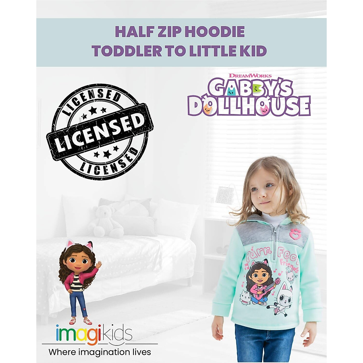 DREAMWORKS GABBY'S DOLLHOUSE Kitty Fairy Cakey Cat Gabby Pandy Paws Little Girls Fleece Half Zip Hoodie Green 6-6X