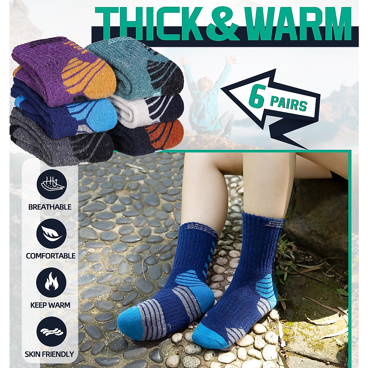 Kids Hiking Walking Socks, Boys Girls Toddlers Merino Wool Warm Socks,Wicking Cushion Crew Socks (6 Pairs B, 4-8 Years)
