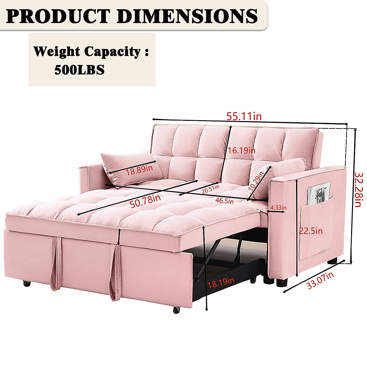 3 in 1 Convertible Velvet Loveseat Futon Couch Bed for Small Spaces - Pull Out Sofa Bed, Adjustable Backrest, Lumbar Pillows (Pink)