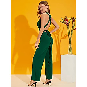 SweatyRocks Women's Sexy Deep V Neck Sleeveless Halter Jumpsuit Backless High Waist Wide Leg Romper Dark Green M