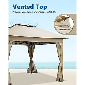 Quictent 11’x11’ Pop up Gazebo Canopy Tent with Mosquito Netting, One Person Setup Vented Outdoor Instant Screened House Tent Shelter with 4 Sand Bags, Khaki