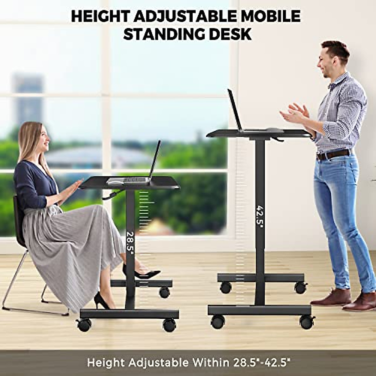 SMUG Mobile Rolling Laptop Cart Pneumatic Adjustable Height from 28" to 33" Sit Stand Computer Desk with Lockable Wheels for Home Office, Black, 25.7in