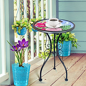 HONGLAND Outdoor Side Table Accent Round Painted Glass Desk for Garden,Patio, Dining Room 14 Inches(Butterfly)