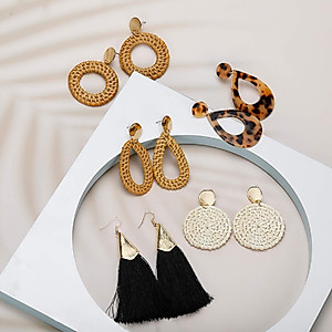 9 Pairs Rattan Earrings for Women Lightweight Acrylic Geometric Statement Woven Earrings Handmade Straw Wicker Braid Hoop Drop Dangle Earrings