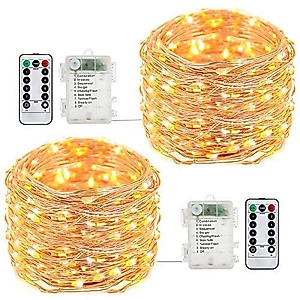 buways Fairy Lights,2-Pack Battery Operated Waterproof Warm White 50 LED Fairy String Lights,16.4ft Copper Wire Light with Remote Control for Christmas Parties,Garden and Home Decoration