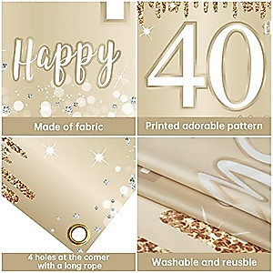 Happy 40th Birthday Banner Backdrop Decorations for Women, Gold White 40 Birthday Sign Party Supplies, Forty Year Old Birthday Photo Booth Background Poster Decor(72.8 x 43.3 Inch)