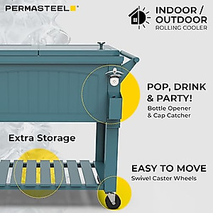 Permasteel 80-Qt Antique Patio Cooler for Outside | Outdoor Beverage Cooler Bar Cart, Rolling Cooler with Wheels and Handles, Wooden Teak Accent, Teal Blue-Green