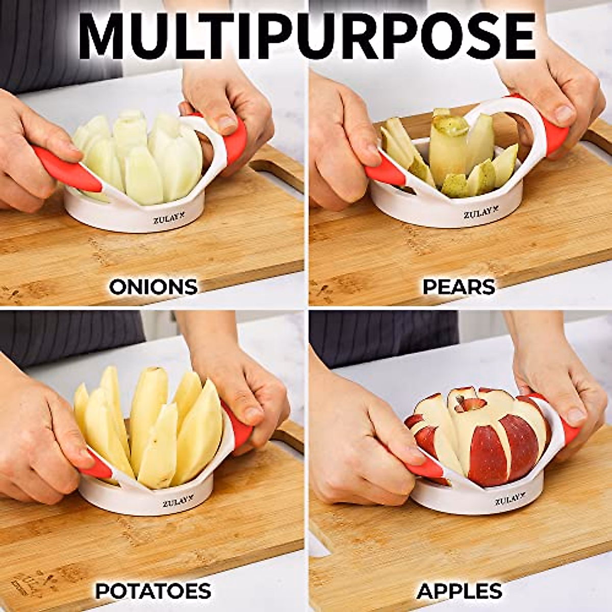 Zulay 8 Blade Apple Slicer and Corer - Easy Grip Apple Cutter With Stainless Steel Blades - Fast Usage Apple Corer And Slicer Tool That Saves Time & Effort (Cherry Red & White)