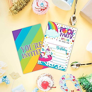 AWSICE Rainbow Unicorn Birthday Invitations,Pool Party Theme Double-Sided Fill-In Invite Cards For Birthday Party, 20 Invitations With Envelopes, Decorations,Party Favor And Supply-A23