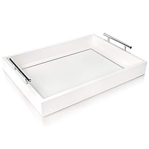 Deluxe Tray for Coffee Table – Beautiful White Tray Decor, White Coffee Table Tray Decor, White Serving Tray with Silver Metal Handles for Your Home -16x12