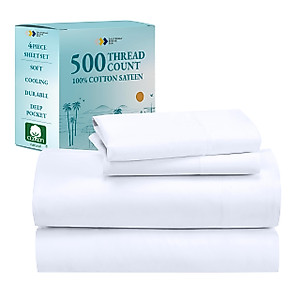 California Design Den 100% Cotton Sheets King Size Set - Cooling 500 Thread Count Sateen, Deep Pockets with All Around Elastic for a, Durable Bedding Set - White Sheets