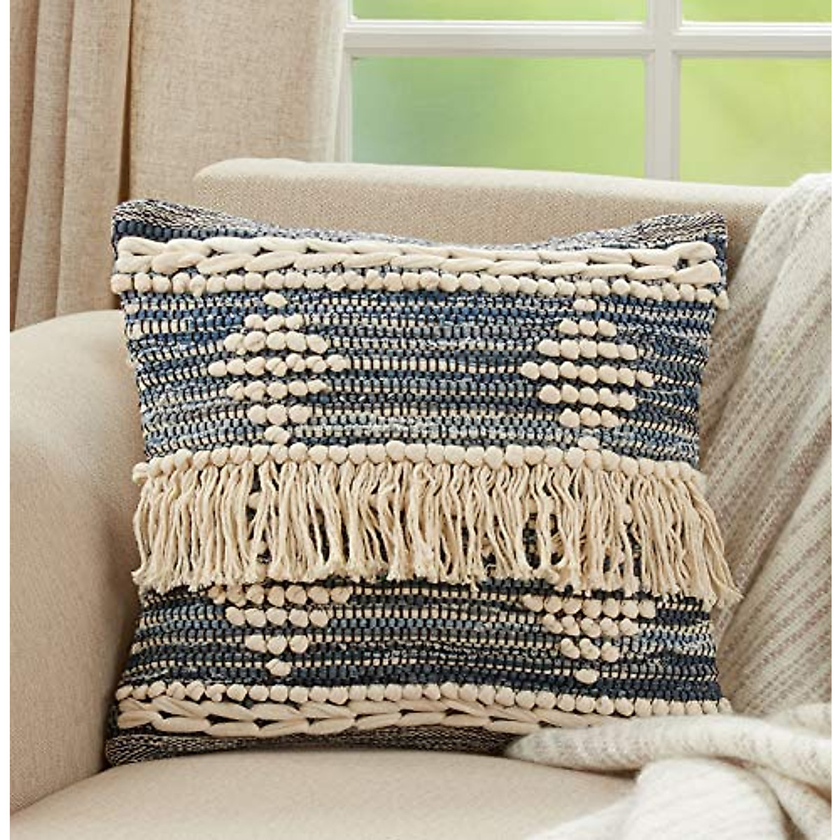 SARO LIFESTYLE Chindi Fringe Throw Pillow Cover, Blue, 18"