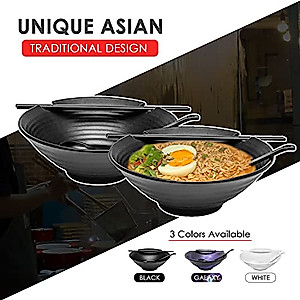 Kimi Cuisine Ramen Bowl Set of 2, 8pcs Total with Chopsticks, Black Melamine Bowls with Soup Ladle Spoons, Saucer Cups and Large 37 oz