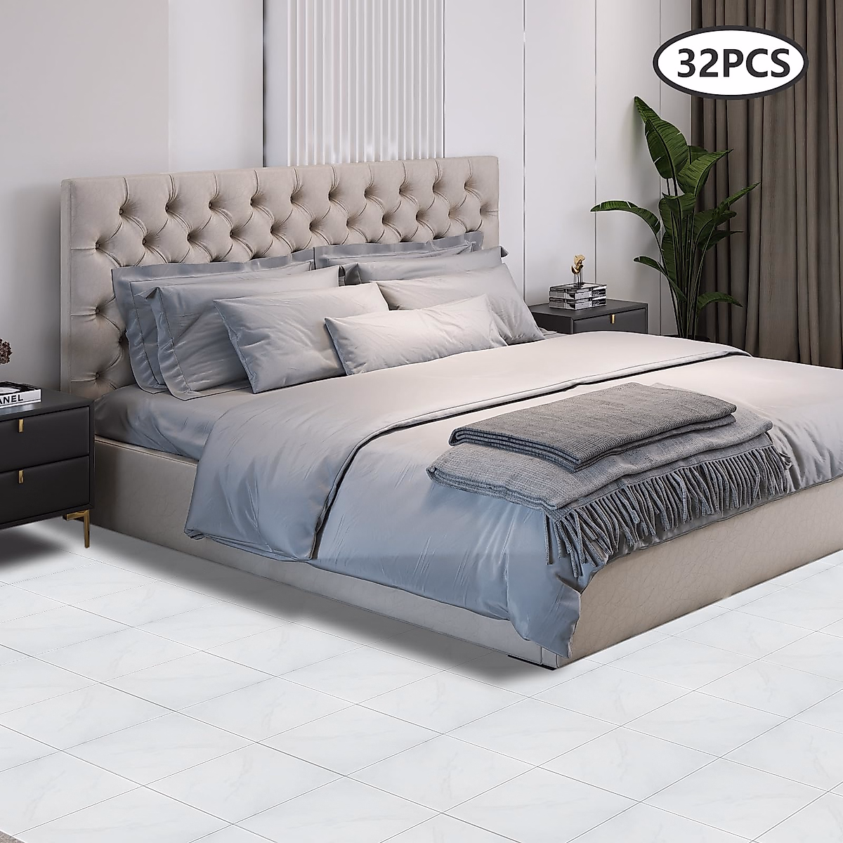 LOHISHIL 32PCS 12 * 12in Stick Floor Tile White Floor Tiles Self, Adhesive Wall Tiles Peel and Stick Floor Tiles Bathroom Floor Stickers for Kitchen, Bedroom, Hallways, Garages, Lobbies(White)