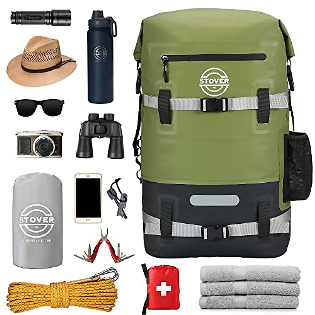 STOVER Waterproof Dry Bag Backpack 35L for Kayaking, Heavy Duty Roll-Top Closure Floating Bag with Front Pocket and Reflective Strip for Outdoor Water Activities (Green)