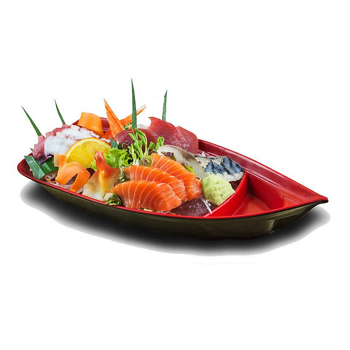 Happy Sales HSSB-10RB, Sushi Boat Shape Plate Sushi Sashimi Serving Plate Melamine Plastic Tray 10 x 4.5 Inch (Red Black)