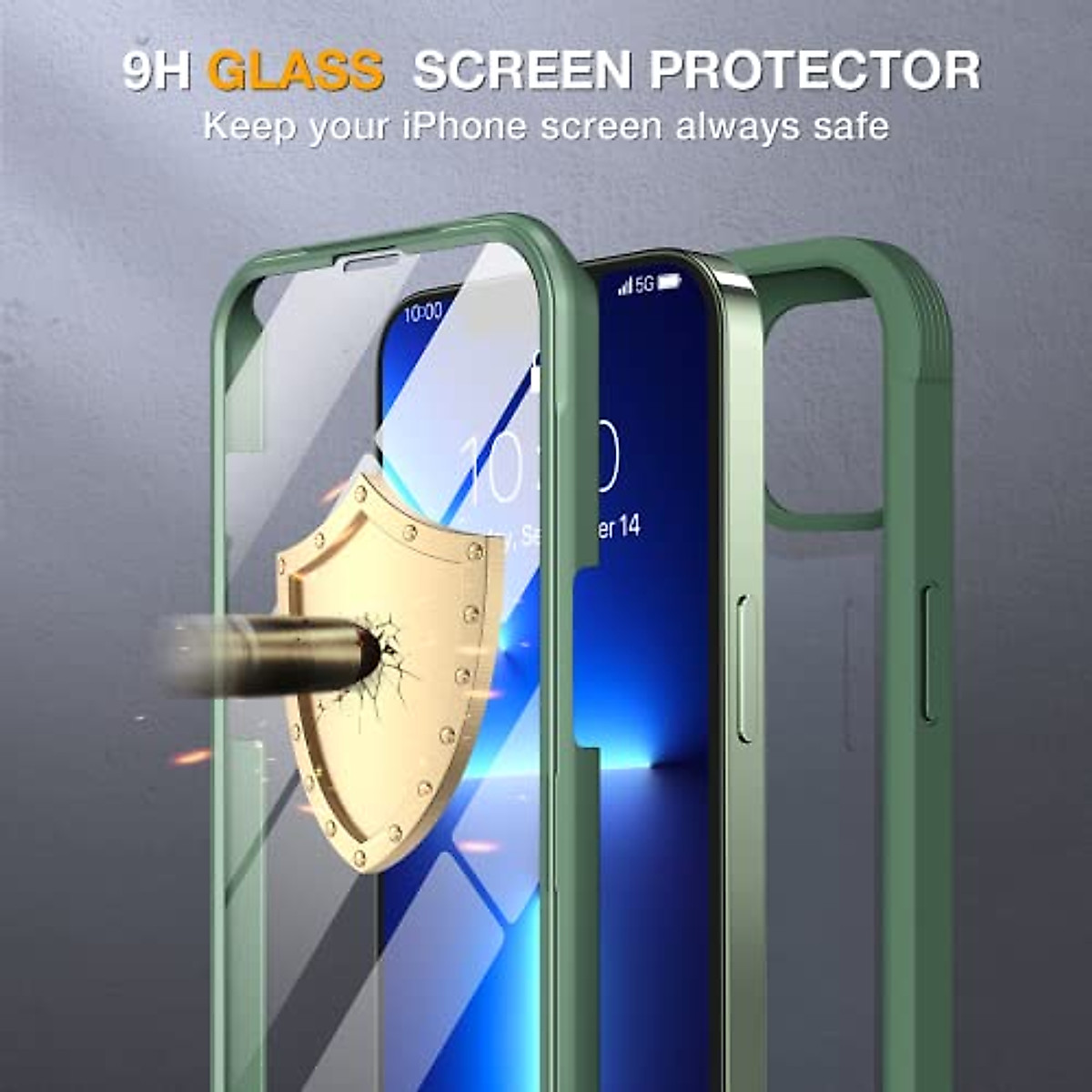 Miracase Glass Case Compatible with iPhone 13 Pro Max Case 6.7 inch, [Glass Screen Protector] Full Body Rubber Bumper Case Cover (Alpine Green)