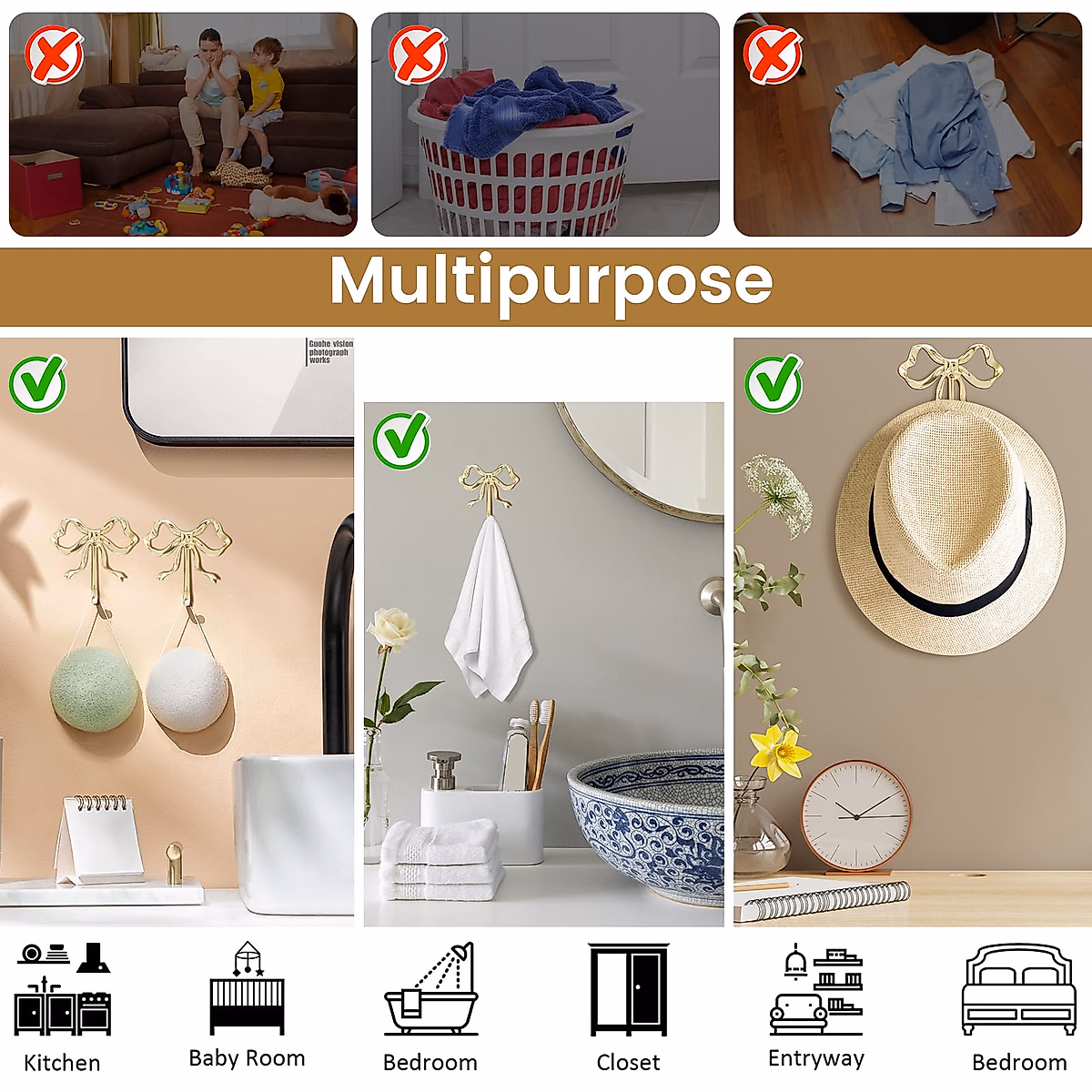 Littlegrass Bow Hook Decorative Bow Hanger Gold Towel Hook Brass Coat Hooks Decorative Hooks Wall Hanging Towel Hook for Bathroom Bedroom Bathrobe (1 Pc)