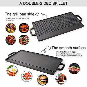 Max K 2-in-1 Cast Iron Grill & Griddle - Pre-Seasoned Reversible Grilling Plate - Oven, Campfire, Double Burner Stove Top Skillet - With Handles, Grease Reservoir - 20"x9" Inch