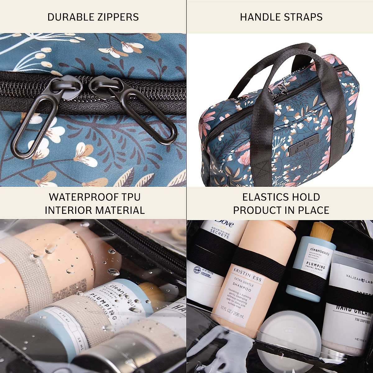 Jadyn Hanging Toiletry Bag, Expandable Toiletry Organizer for Women, Water Resistant Large Travel Cosmetic Bag for Full Size Makeup, Toiletries, Lotion, Shampoo, Accessories (Navy Floral)