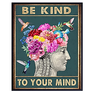 Yellowbird Art & Design Wall Art & Decor - Be Kind to Your Mind Inspiration Saying - Vintage Hummingbirds Mental health Brain Wall Art Poster - Zen Meditation Office Living room Bedroom Wall Art 8x10
