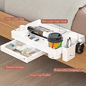 SPACEKEEPER Bedside Shelf for Bed, Foldable Bunk Bed Shelf Clip On Nightstand for Top Bunk College Dorm Room Essentials Floating Table Tray Bed Side Shelf Organizer with Drawer, Plus Size, White