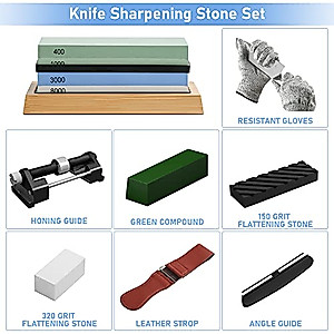 Greenual Knife Sharpening Stone Set Premium 4 Side Grit 400/1000 3000/8000 Whetstone Knife Sharpener Wet Stones Chisel Sharpening Kit Stones Leather Strop Honing Guide for Sharpeners Knives