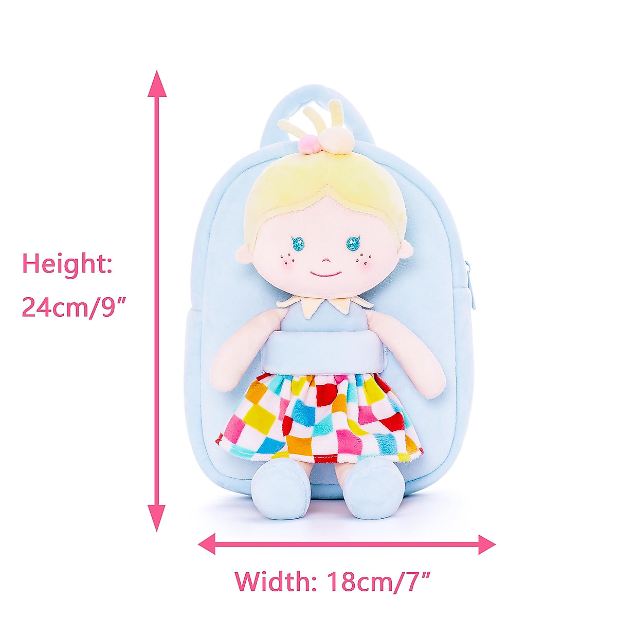 Onetoo Toddler Kids Backpack with Soft Baby Dolls in Plaid Dress 9.5"