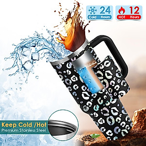 PIMDIR 40oz Leopard Tumbler with Handle Straw Lid, Stainless Steel Vacuum Insulated Reusable Travel Mug Keep Drinks Cold Ice Gym Cup, Gifts for Women Lovers, Car Holder Friendly, Black