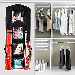Unjumbly 49.5 Inch Hanging Vertical Gift Wrap Organizer, Double Sided Design, 10 Storage Pockets for Your Gift Wrapping Paper Bows, Gift Bags and Ribbon (Black)