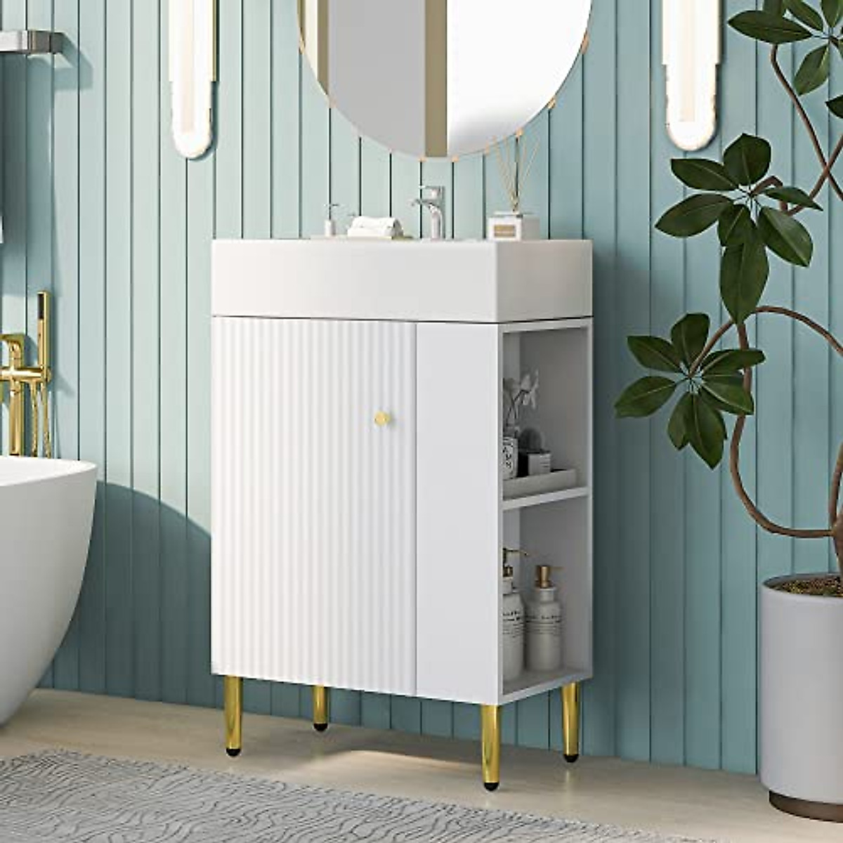 JUOFONE 21.6" White Bathroom Vanity with Sink Combo, Modern Bathroom Cabinet with Door, Freestanding Single Bathroom Vanity Set with Open Shelves (White_ Shelf on The Right)