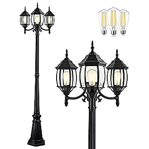 PARTPHONER Outdoor Lamp Post Light 3-Head, Classic Black Light Pole with Clear Glass Panels, E26 Base Maximum 100W (3 LED Bulbs Included), Waterproof Street Light for Backyard, Garden, Driveway