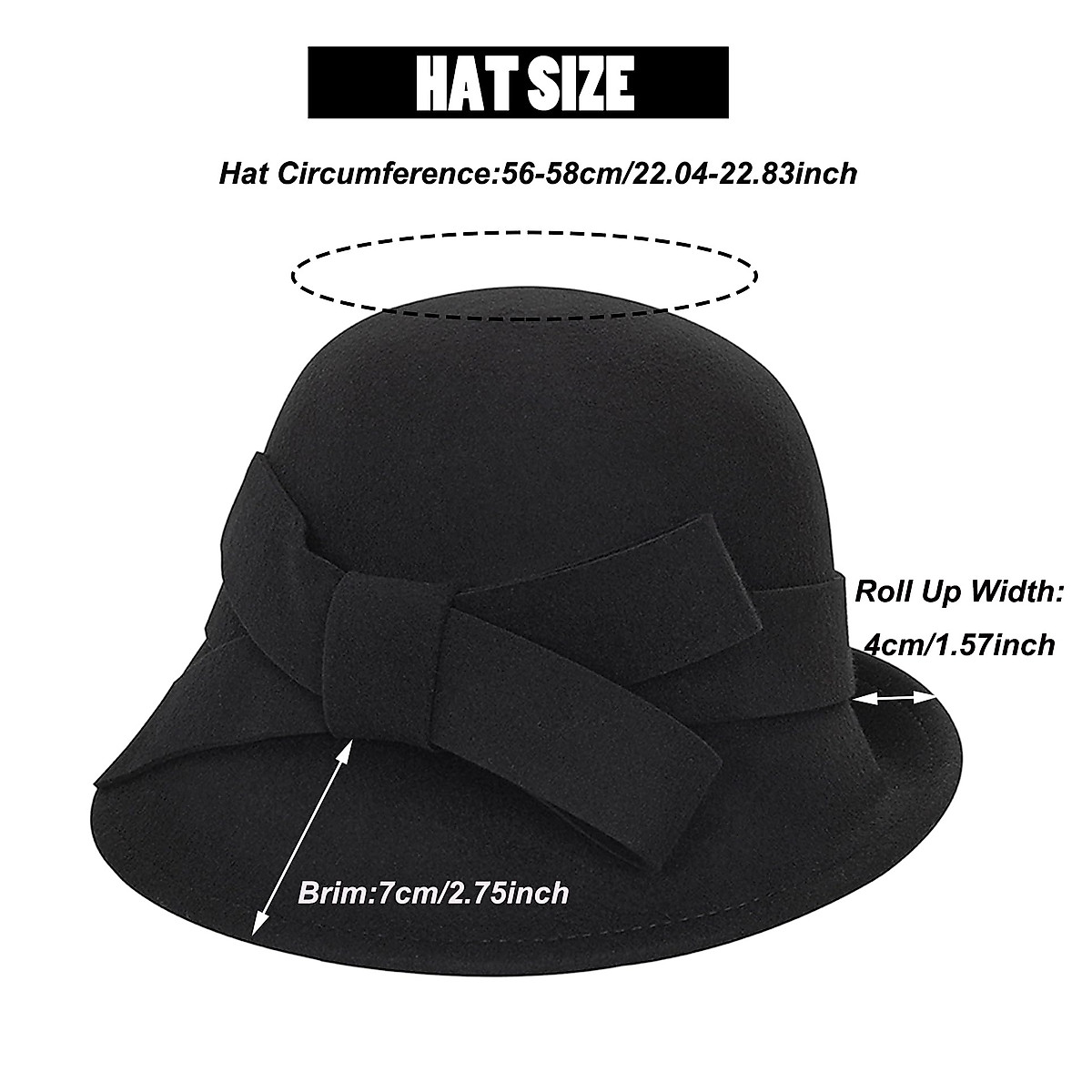 Womens Winter-Cloche-Hat 1920s Classic-Church-Dress Wool-Felt-Bucket-Hats with Flowers(M-L)