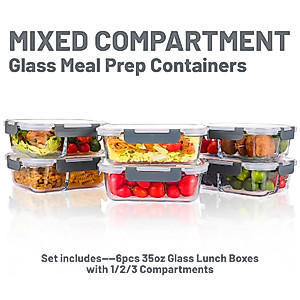 Moretoes Glass Food Storage Containers, 6pcs, 35oz, Glass Bento Box, Glass Meal Prep, Airtight Storage Container, Glasslock Container, Clear Containers
