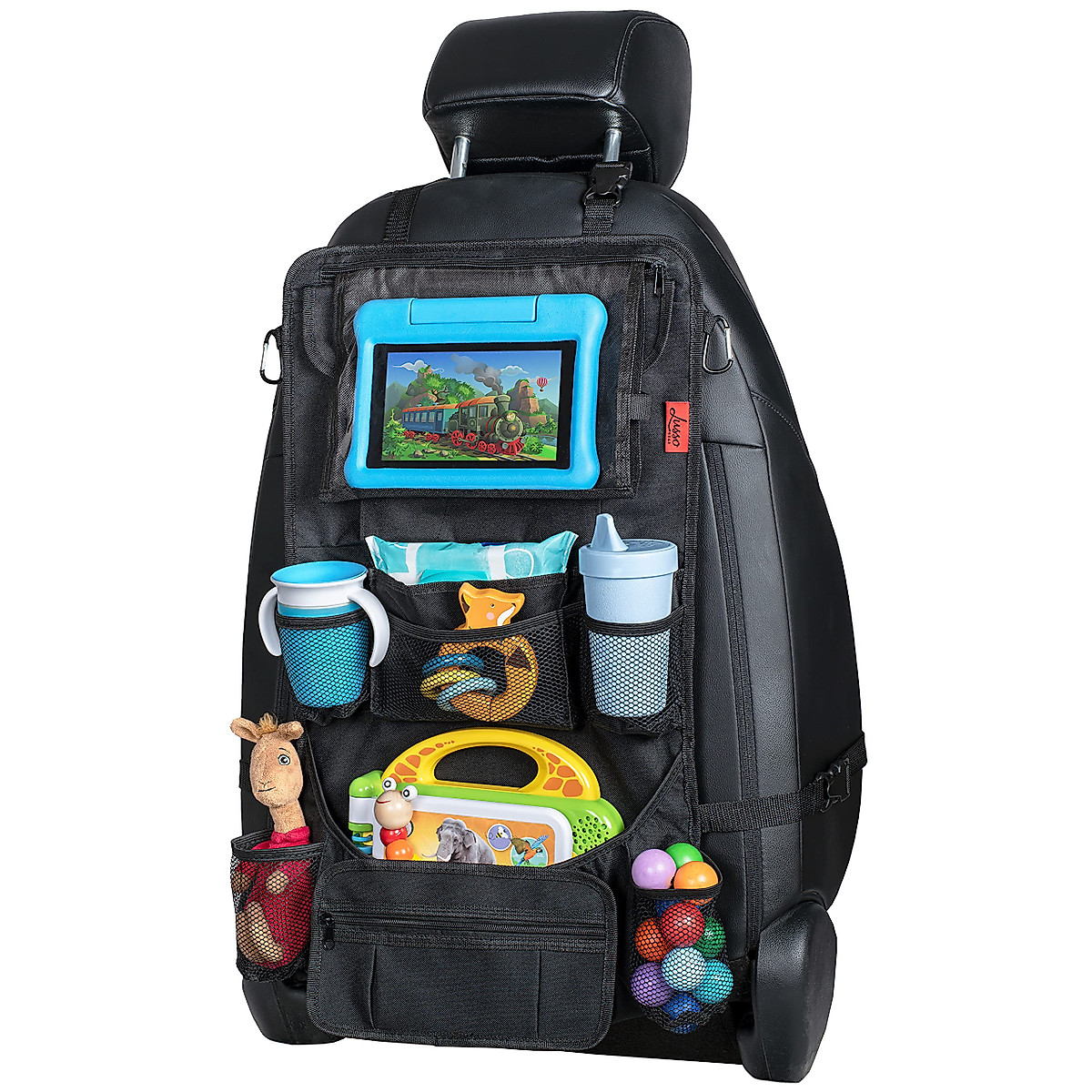 Lusso Gear Kids Travel Tray (Blue) + Heavy Duty Car Seat Organizer (Black), Extra Large for Protection, Sag Proof &amp; Reinforced Corners, Protects iPad &amp; Backseat, 12 Versatile Car Seat Organizer Storag