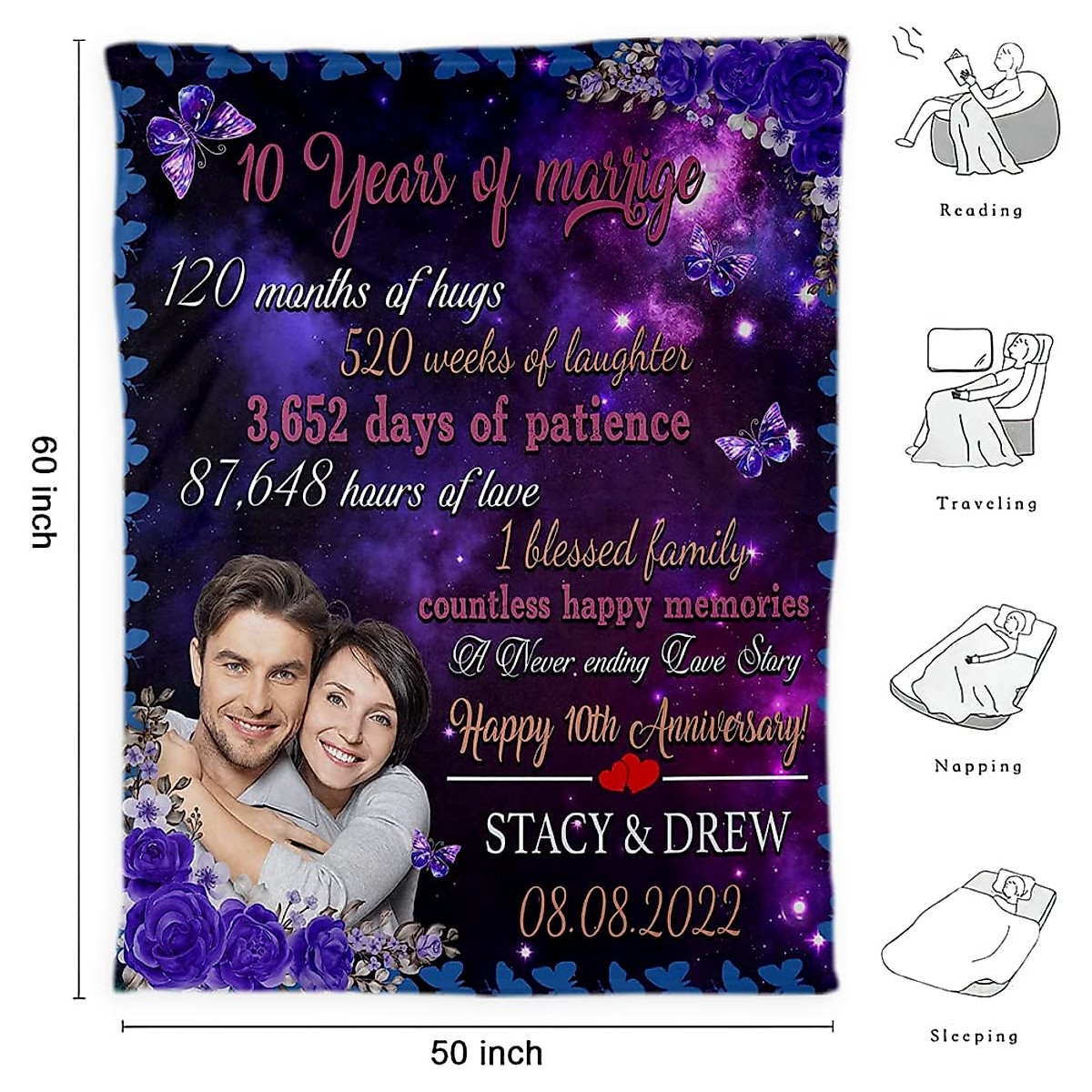 Custom Photo 10th Wedding Anniversary Blanket Gifts for Couples, 10 Years of Marriage Throw Blankets for Husband Wife, Personalized Happy 10th Anniversary Blanket Gifts for Him Her