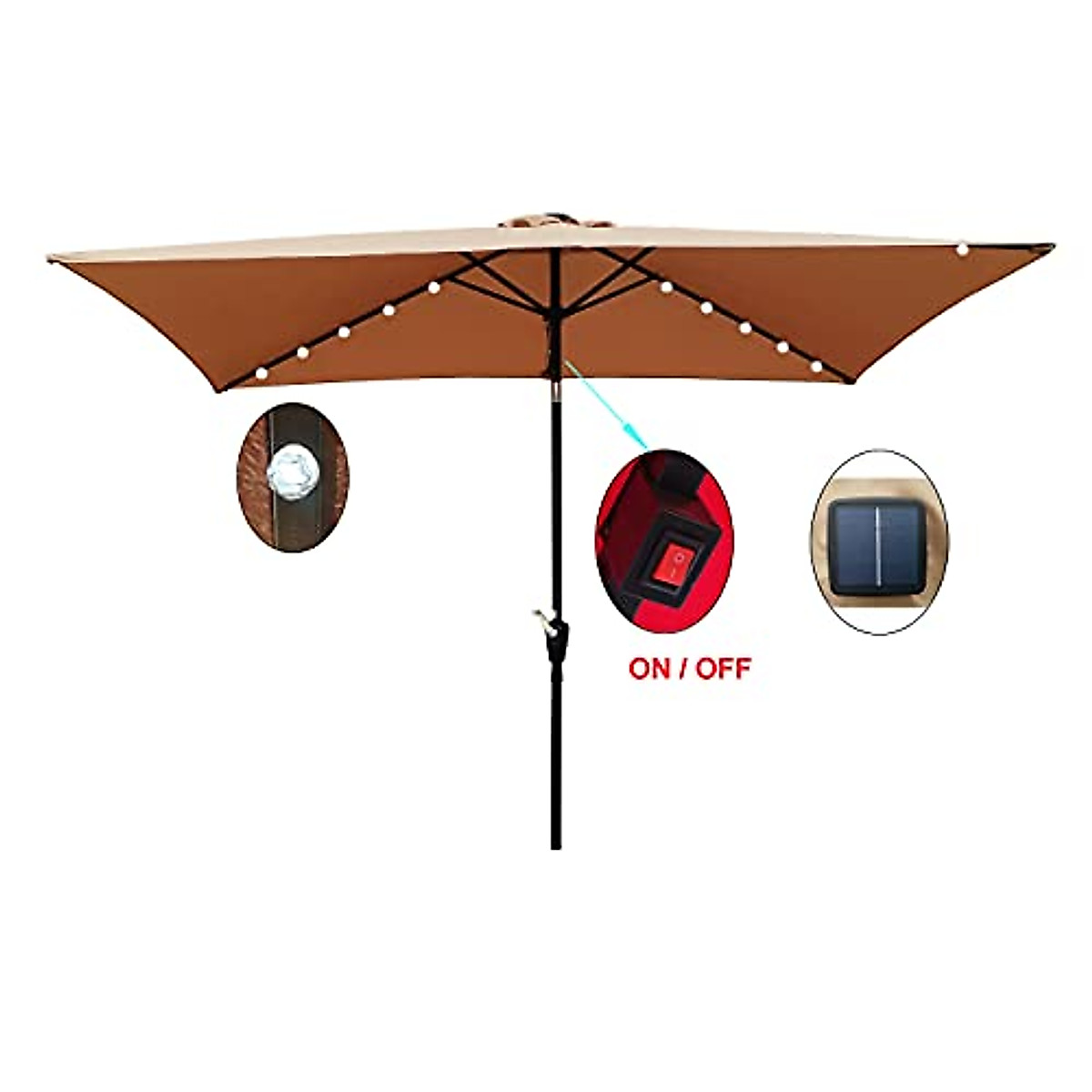 i-POOK 10 x 6.5 FT Rectangular Patio Umbrellas with 26 Solar LED Light, Market Table Waterproof Umbrellas Sunshade with Crank and Push Button Tilt Patio Hanging Umbrella for Garden Deck Pool, Brown