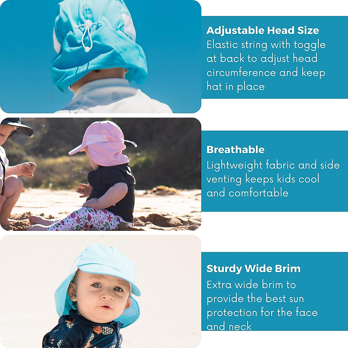 SwimZip Sun Hat with Neck Flap | UPF 50+ Protection for Baby, Toddler, and Kids Aqua