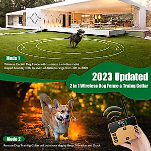 BHCEY Wireless Dog Fence, 2023 Electric Wireless Fence Training Collar with Remote 2-in-1, Pet Containment Fence System, Rechargeable Safe Dog Boundary, Adjustable collar for Small Medium Large Dogs