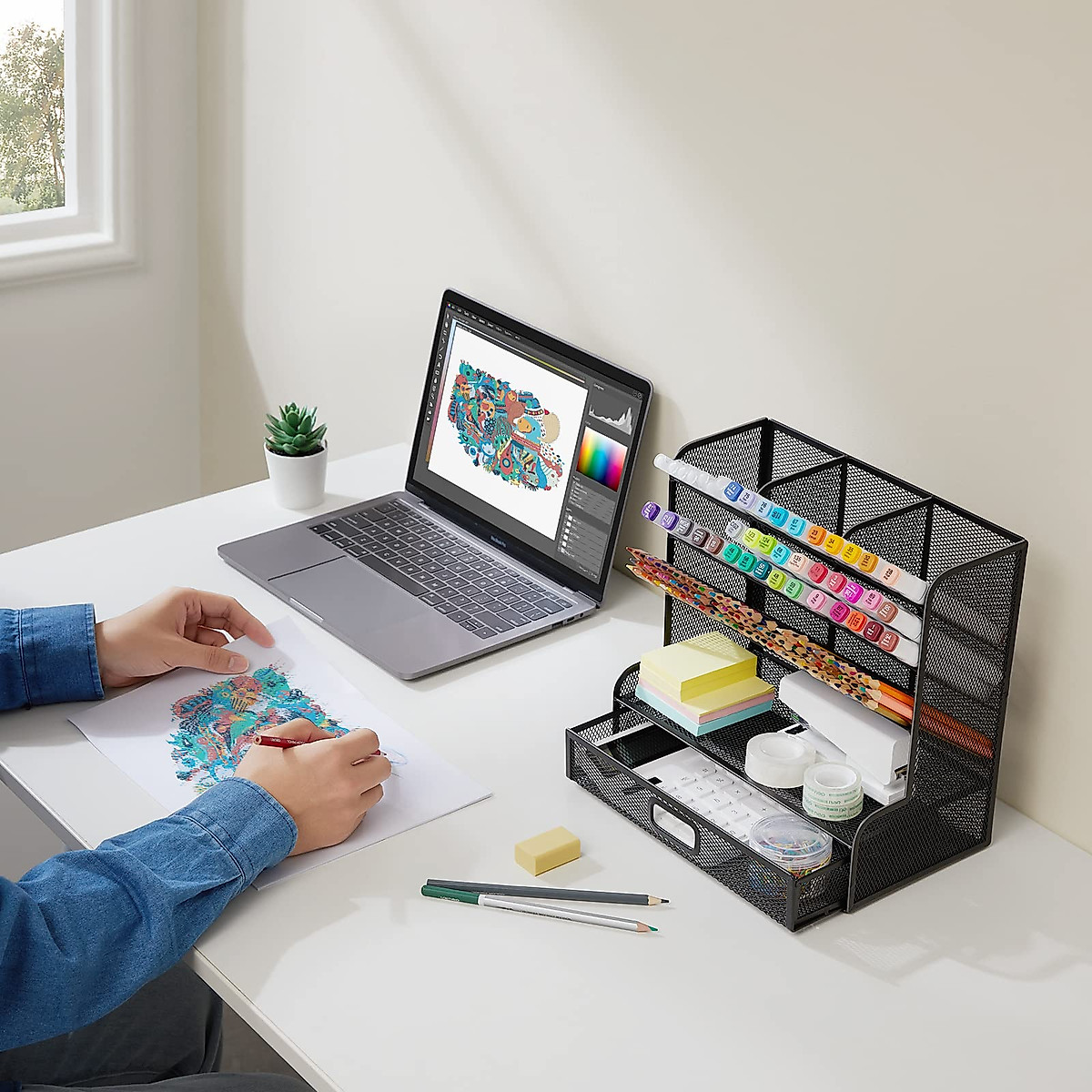 FURNINXS Mesh Desk Organizer with Drawer, Desktop Office Supplies Multi-Functional Caddy Pen Holder Stationery Accessories, Art Storage Supplies for Office Home School, Black