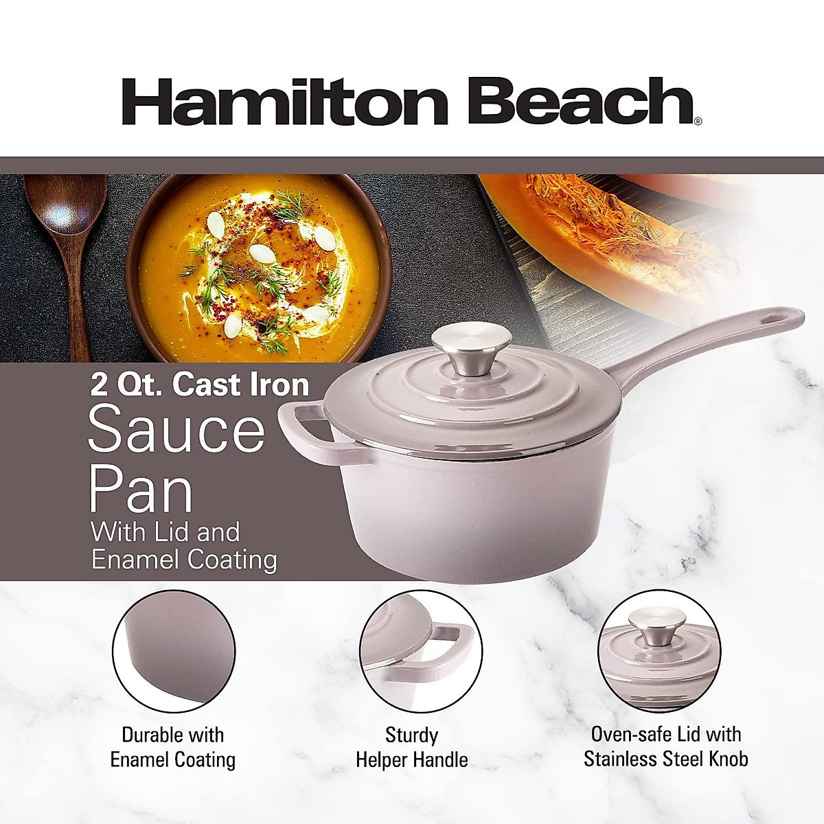 Hamilton Beach Enameled Cast Iron Sauce Pan 2-Quart Navy, Cream Enamel coating, Pot For Stove top and Oven Cooking, Even Heat Distribution, Safe Up to 400 Degrees, Durable