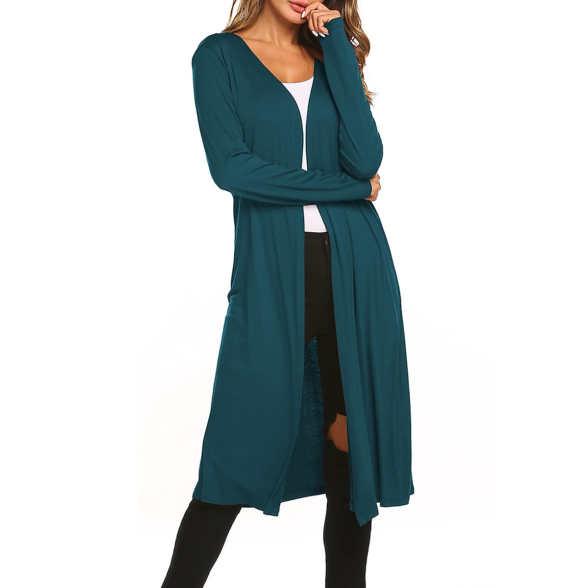 Bluetime Women Plus Size Maxi Cardigan Long Sleeve Open Front Cardigan Lightweight Sweater (XXXXL, Teal Blue)