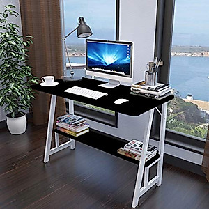 Desktop Computer Desk with Storage Rack, Home Office Study Writing Table Computer Gaming Table Bedroom Laptop Study Table, Student Workstation Study Reading Writing Desk PC Laptop Table (Black)