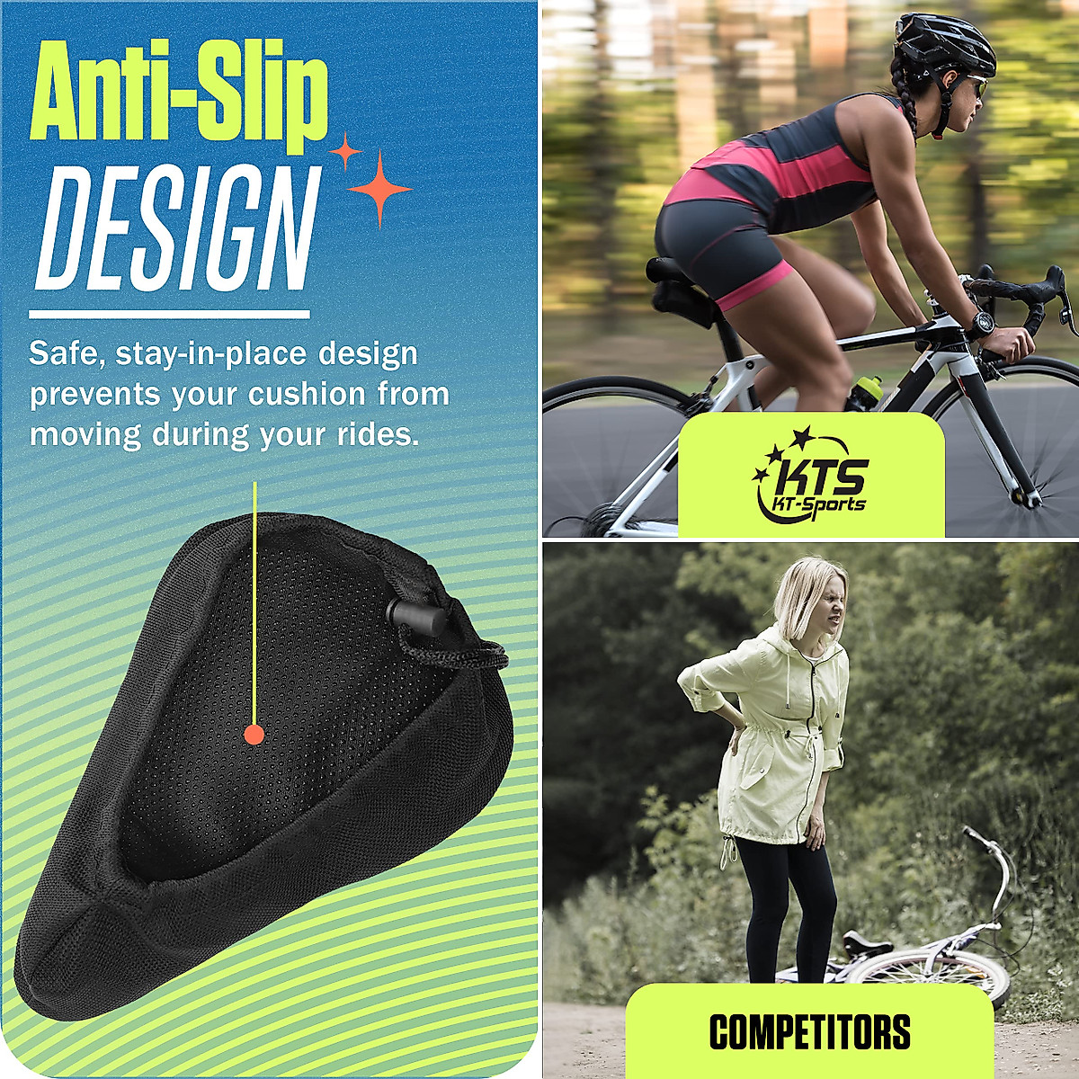 KT-Sports Exercise Bike Seat Cushion Comfort Gel Bike Seat Cover Padded Seat Covers for Bikes with Anti-Slip Design and Drawstring, Comfy Soft Mountain Road Bike Accessories for Men and Women