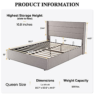 SHA CERLIN Queen Size Lift Up Storage Bed/Modern Wingback Headboard/Upholstered Platform Bed Frame/Hydraulic Storage/No Box Spring Needed/Wood Slats Support/Light Beige