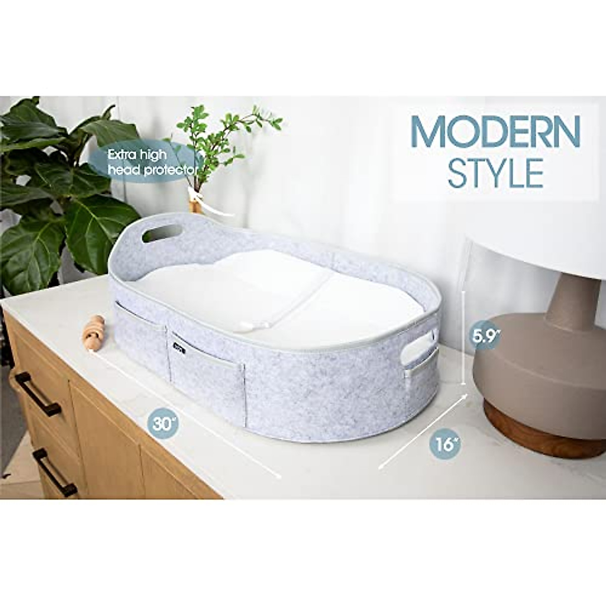 Baby Changing Basket with Contoured Foam Pad - Wipeable Waterproof Cover - Changing Pad Topper for Dresser/Table, Living Room, Portable, Moses Basket, Gray, J&JOO… (Gray)