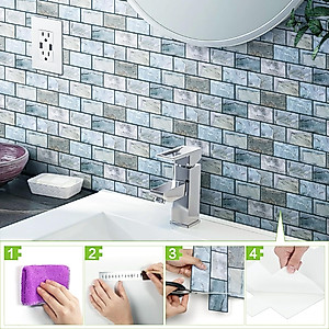 VANCORE Peel and Stick Backsplash for Kitchen: Self Adhesive Wall Tiles for Bathroom - 3D Subway Back Splash - 10 Sheets Vinyl Blue Waterproof Wallpaper with Real Marble Texture for Shower