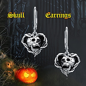 VONALA Skull Earrings 925 Sterling Silver Skeleton Dangle Dangling Drop Charm Leverback Earrings Gothic Punk Jewelry Halloween Gifts for Women Men
